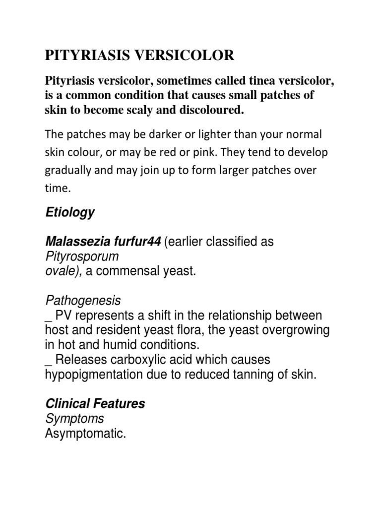 Pityriasis Versicolor Overview and Treatment | PDF