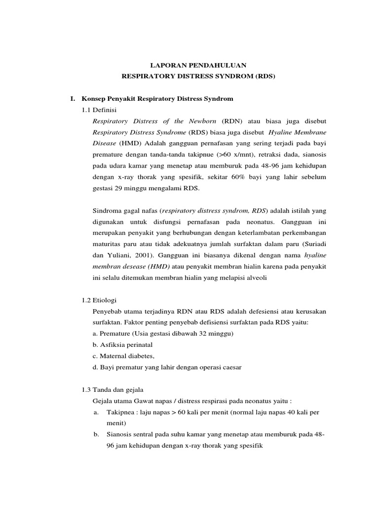 Laporan Pendahuluan Respiratory Distress Syndrom (RDS) | PDF