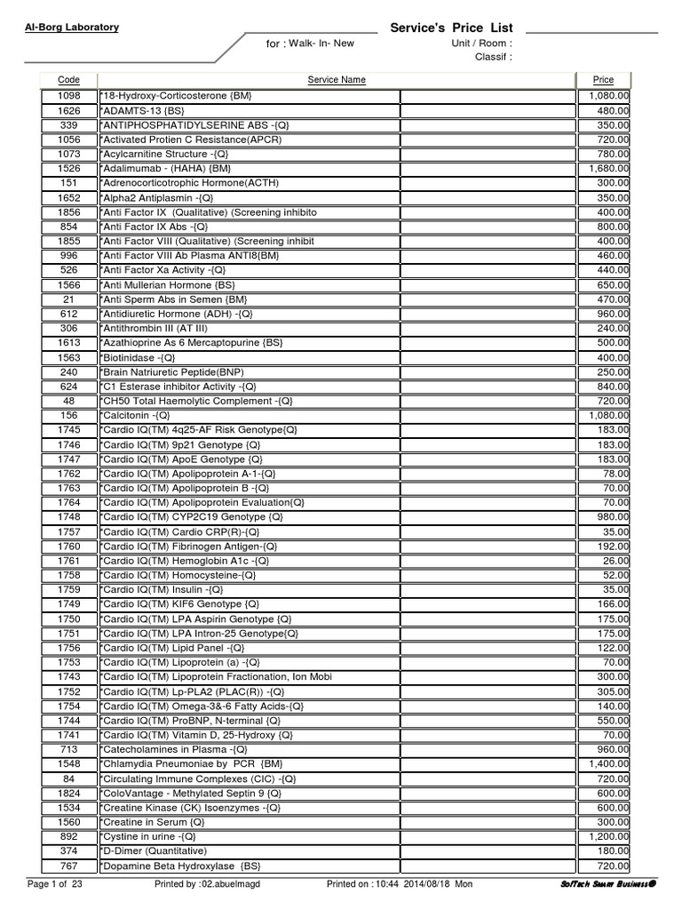 Al Borg Laboratories Price | PDF | Complement System | Molecular Biology