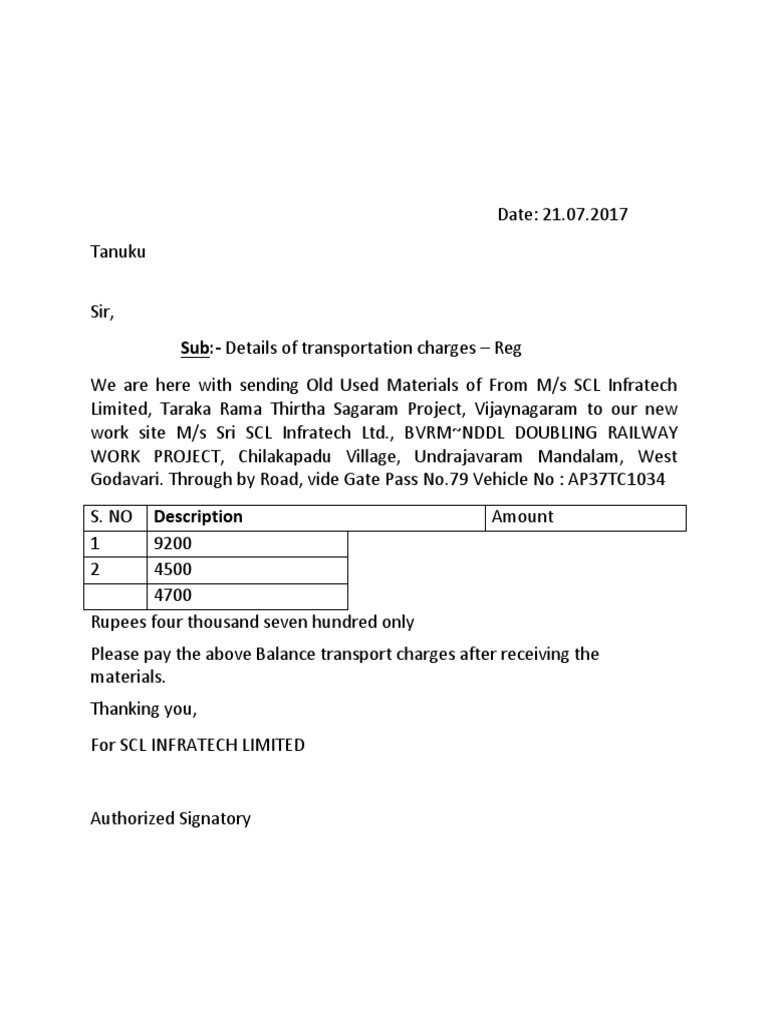 Sub:-Details of Transportation Charges - Reg | PDF