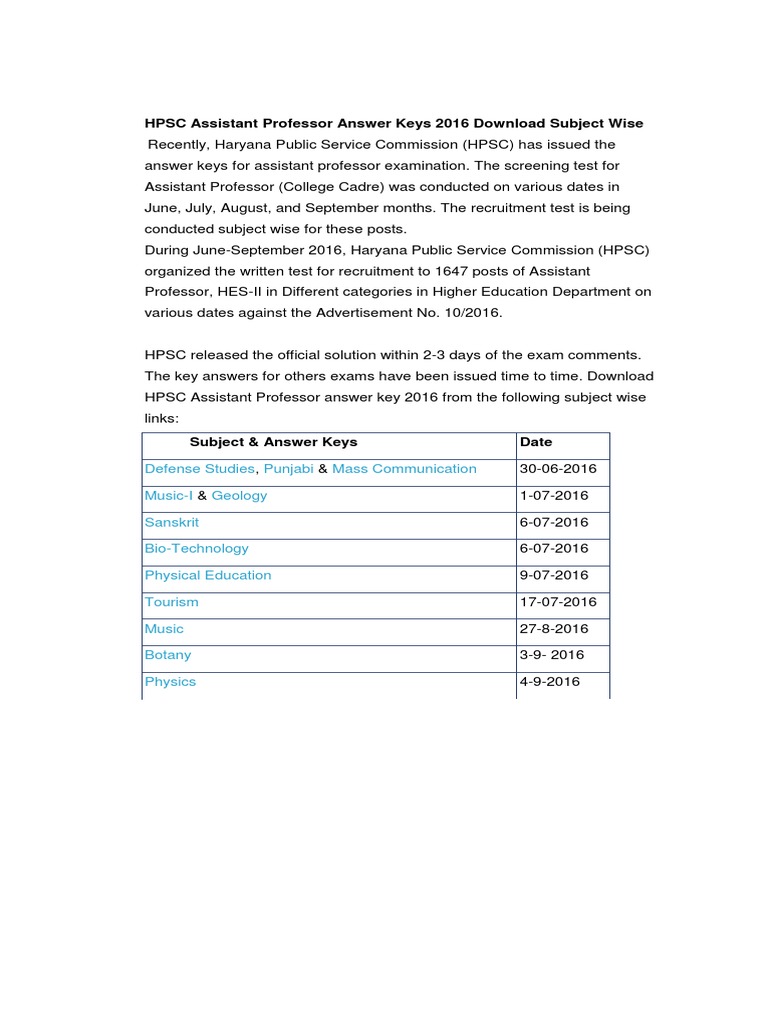 HPSC Assistant Professor Answer Keys 2016 Download Subject Wise | PDF ...
