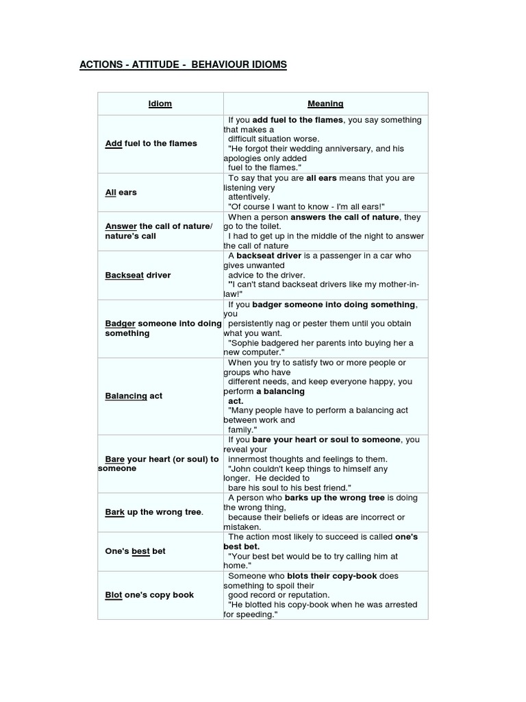 Actions, Attitudes, and Behavior Idioms | PDF