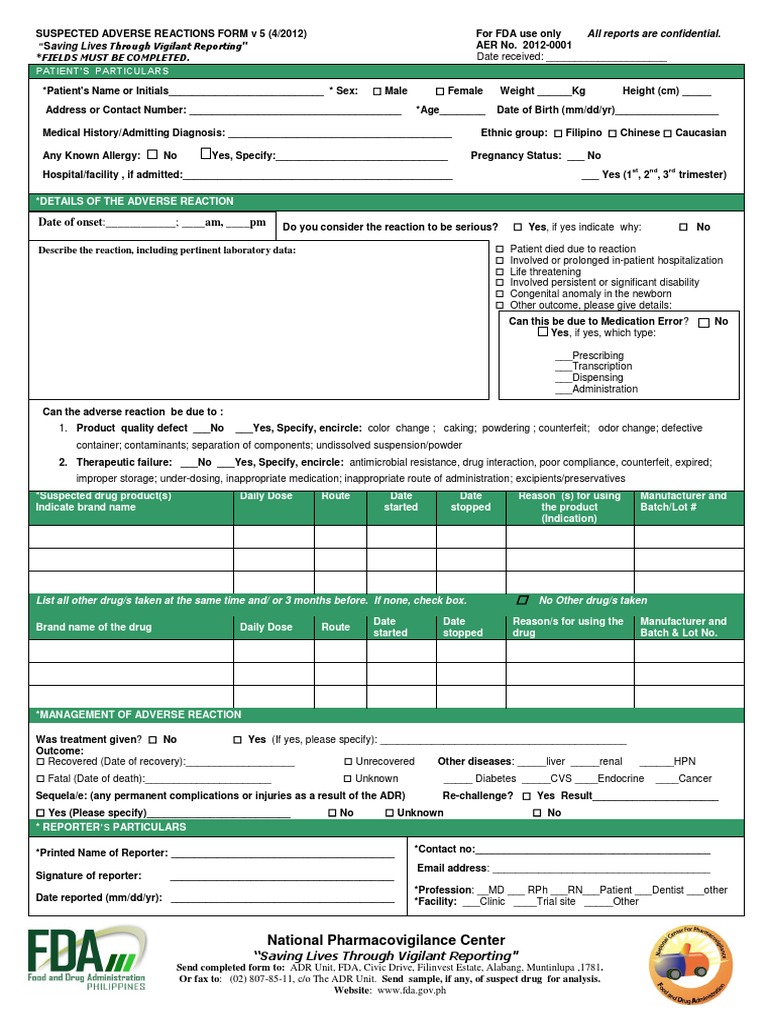 Adverse Drug Reaction Form | Pharmacovigilance | Pharmaceutical Drug