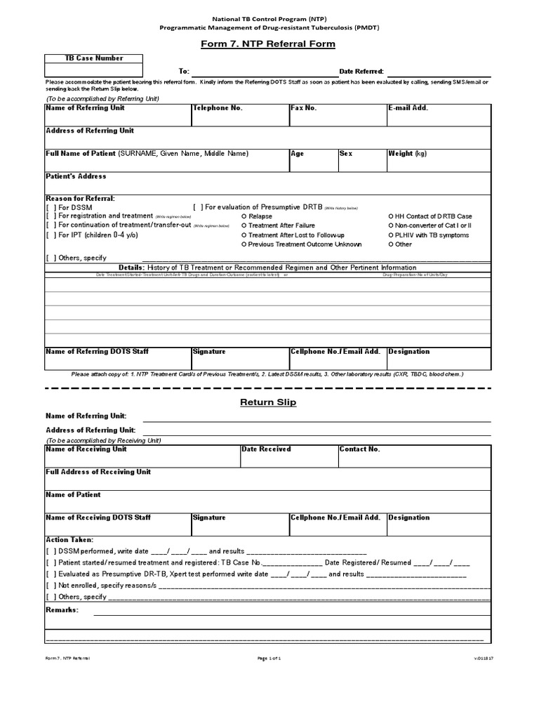 National TB Control Program Form 7 - Referral Form | PDF | Tuberculosis ...