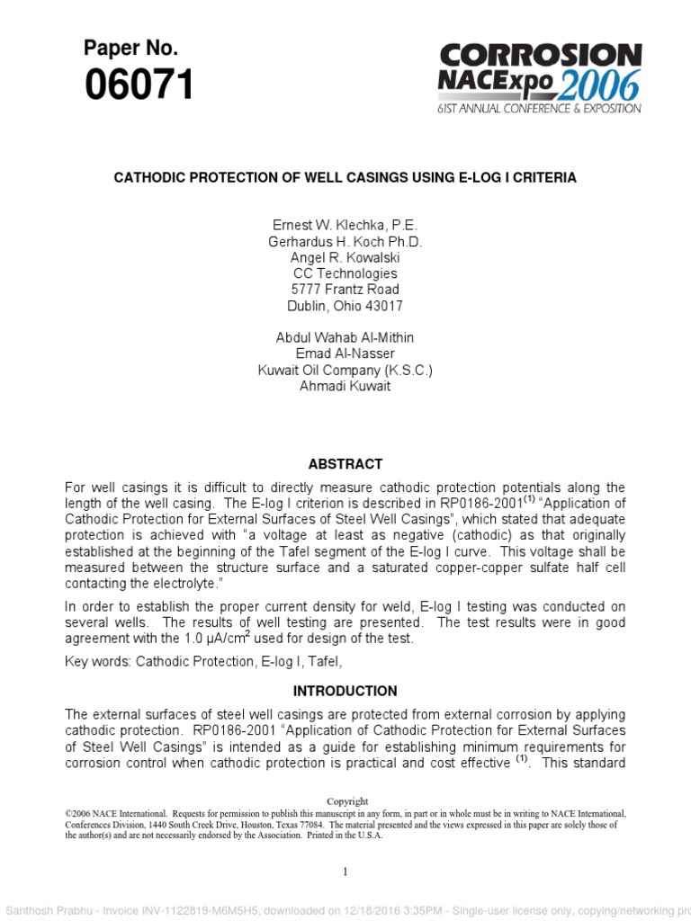 Cathodic Protection of Well Casings Using E-Log I Criteria | PDF ...