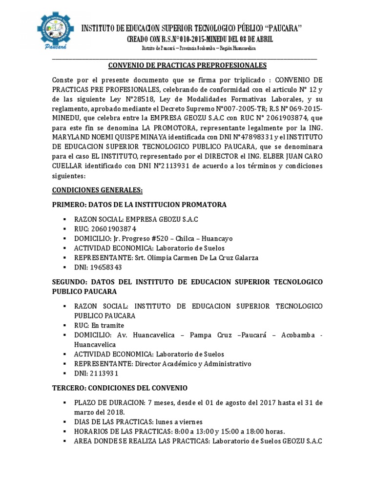 Convenio de Practicas Preprofesionales | PDF | Gobierno