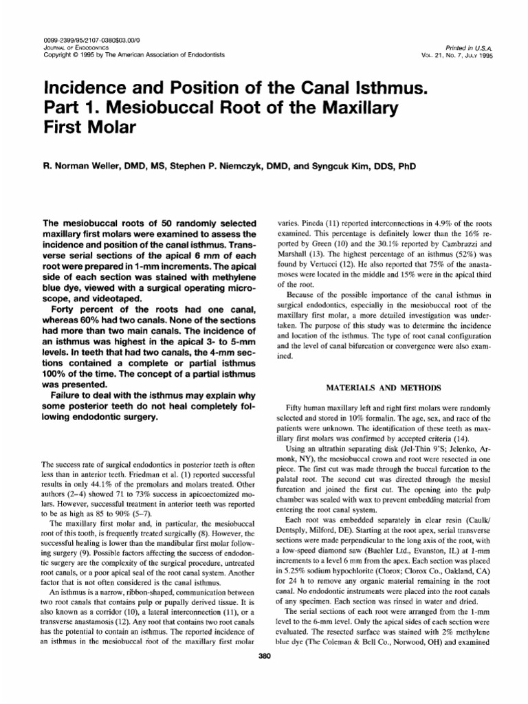 Incidence and Position of The Canal Isthmus. Part 1. Mesiobuccal Root ...
