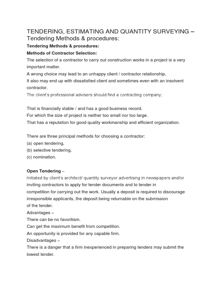 Tendering, Estimating and Quantity Surveying - Tendering Methods ...