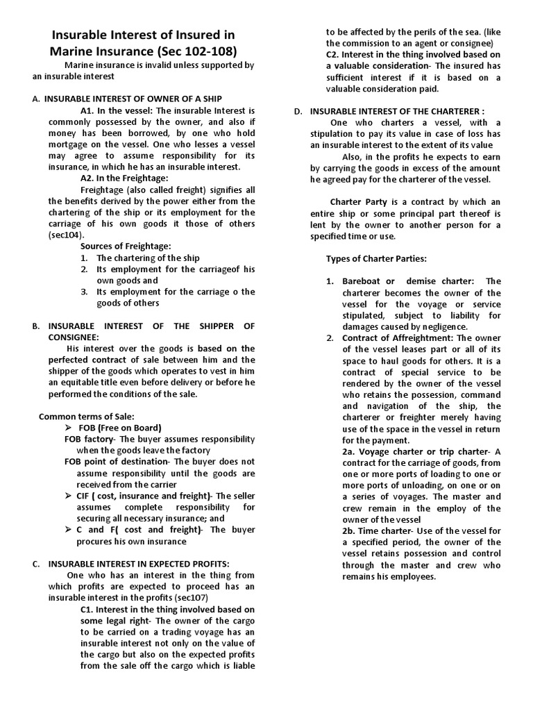 Insurable Interest of Insured in Marine Insurance (Sec 102-108) | PDF ...