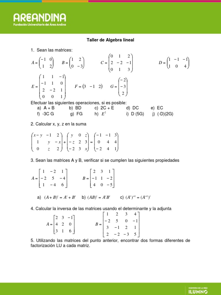 TALLER N°1 ALGEBRA LINEAL (Areandina) | PDF | Matriz (Matemáticas ...