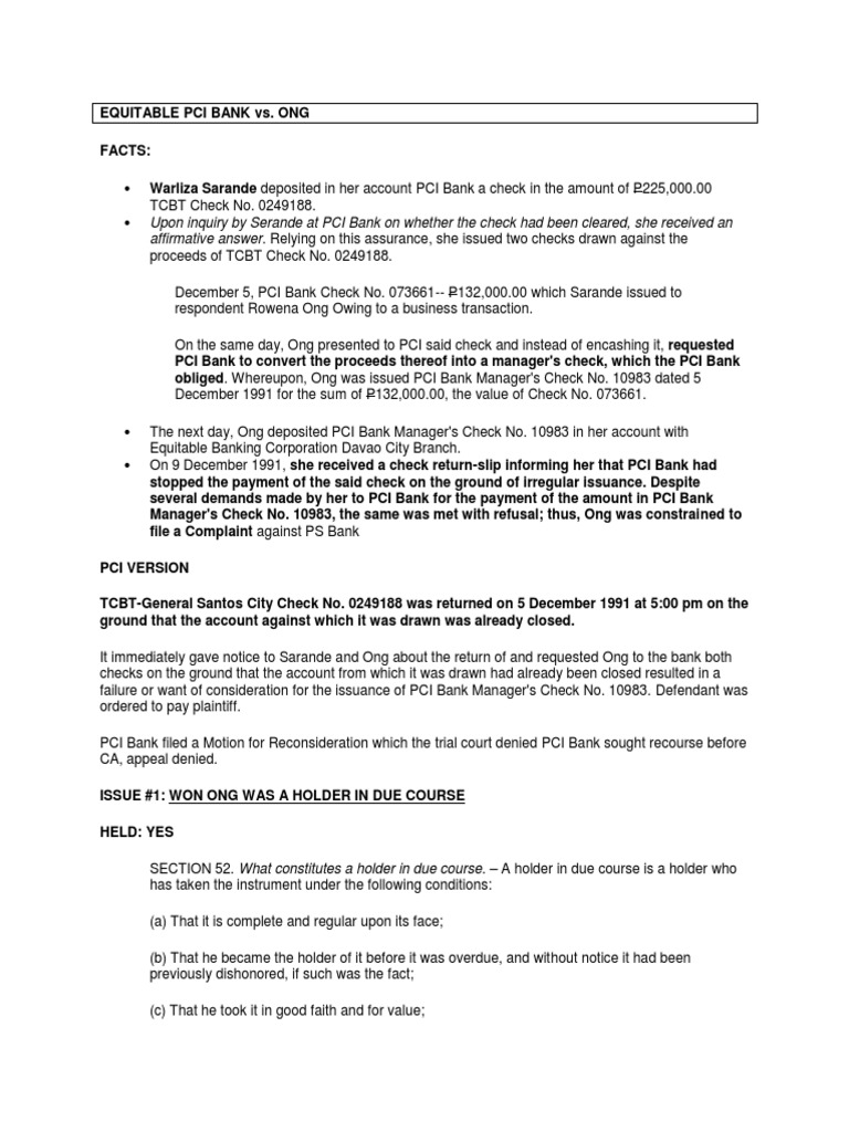 Equitable Pci Bank vs. Ong | PDF | Negotiable Instrument | Cheque