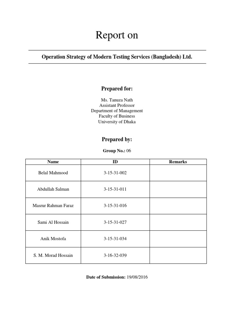 Report On: Operation Strategy of Modern Testing Services (Bangladesh ...