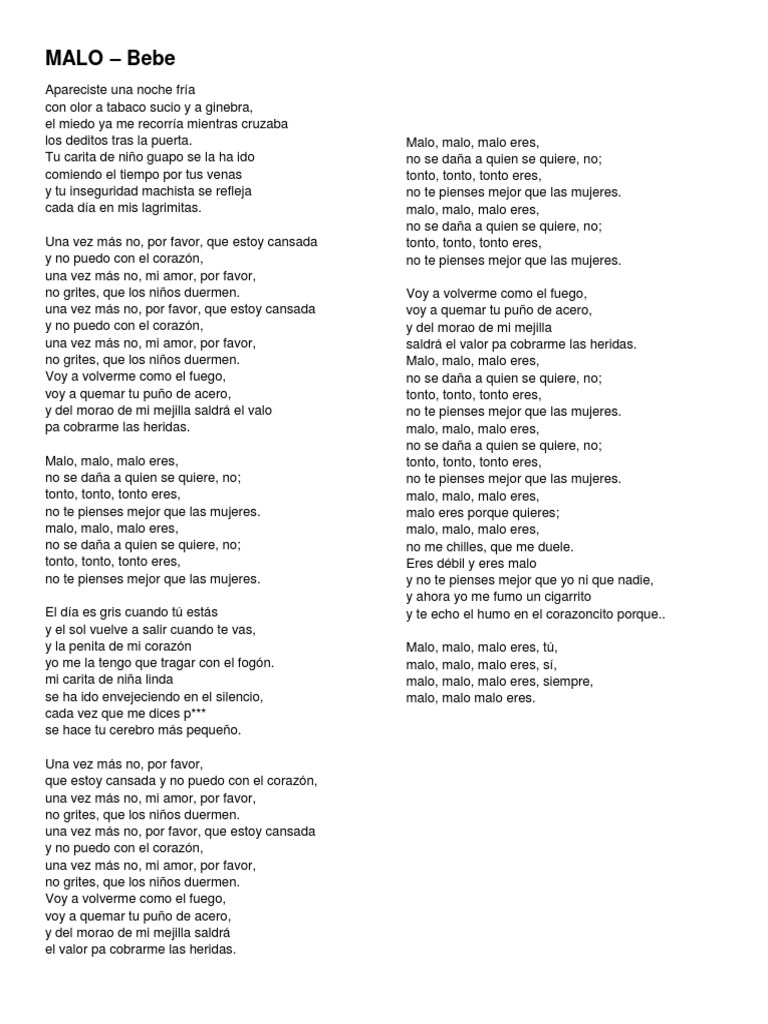 MALO - Bebe - Letra | Descargar gratis PDF | Ocio