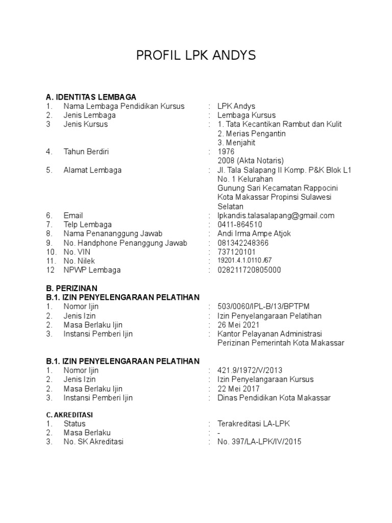 Profil LPK Andys Talasalapang | PDF