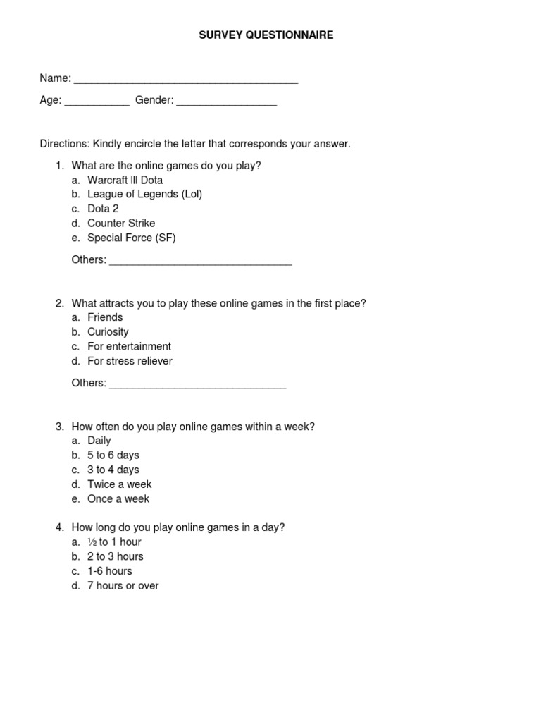 Online Gaming Survey Questionnaire | PDF