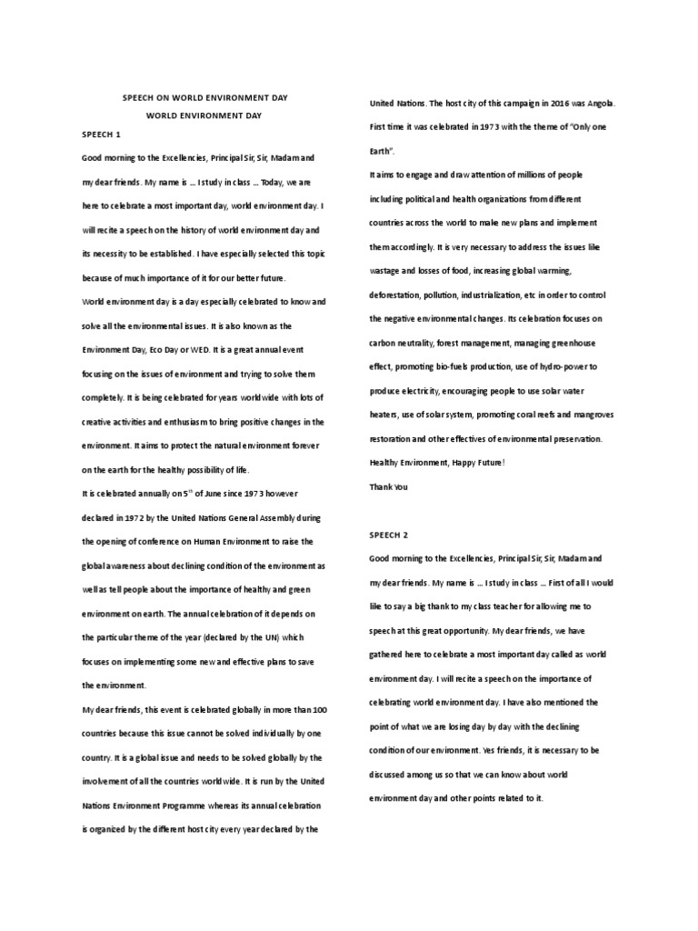 World Environment Day Speech for Students | PDF | Environmentalism ...