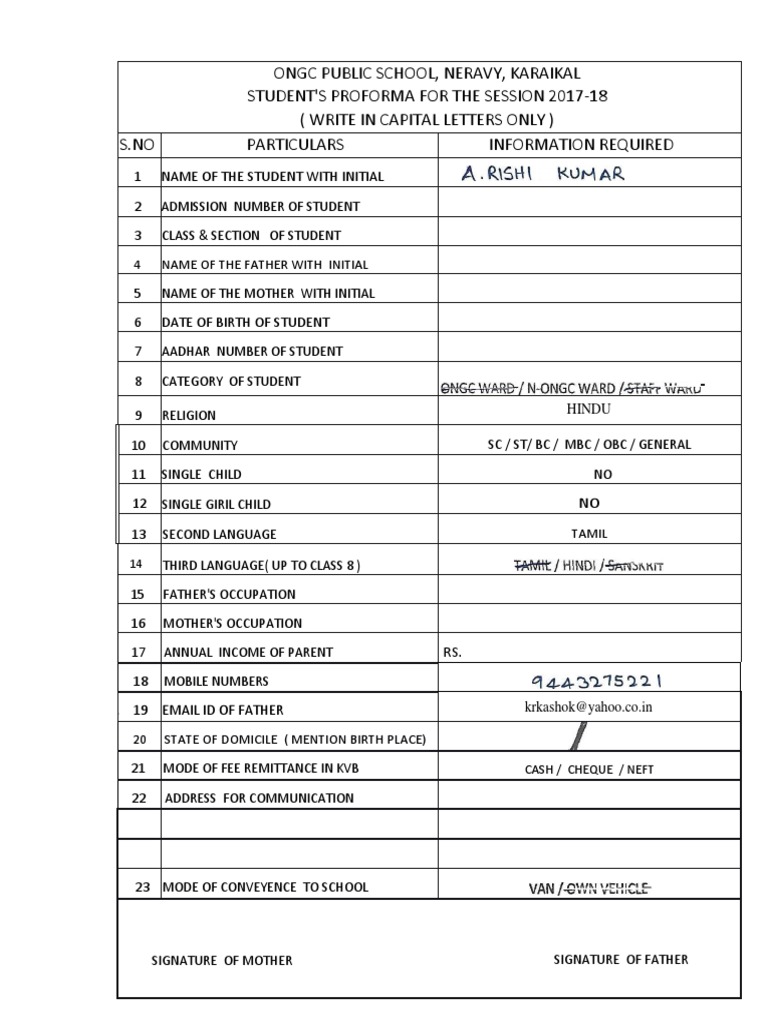 Ongc Public School, Neravy, Karaikal Student'S Proforma For The Session ...