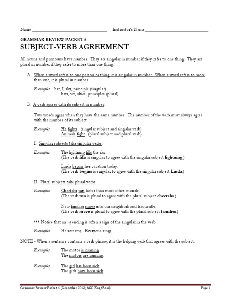 Subject-Verb Agreement Review Packet | PDF | Grammatical Number ...