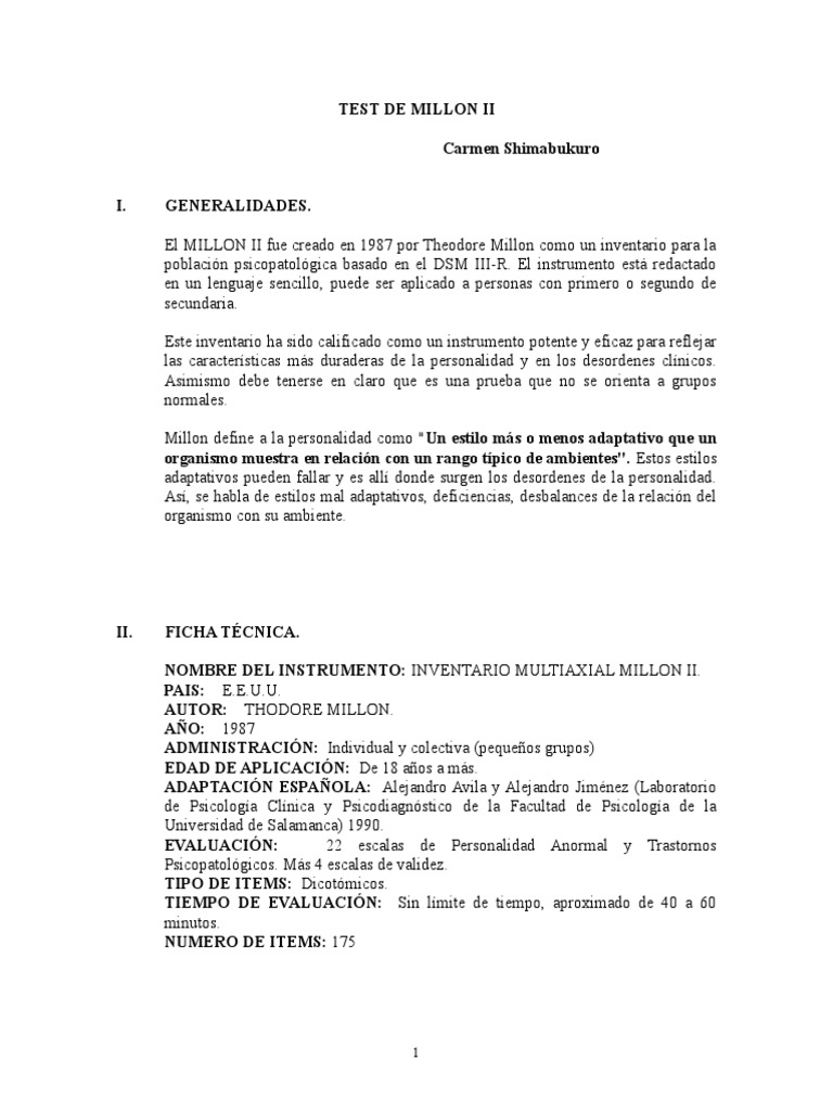 Test de Millon II | Manual Diagnóstico y Estadístico de los Trastornos ...