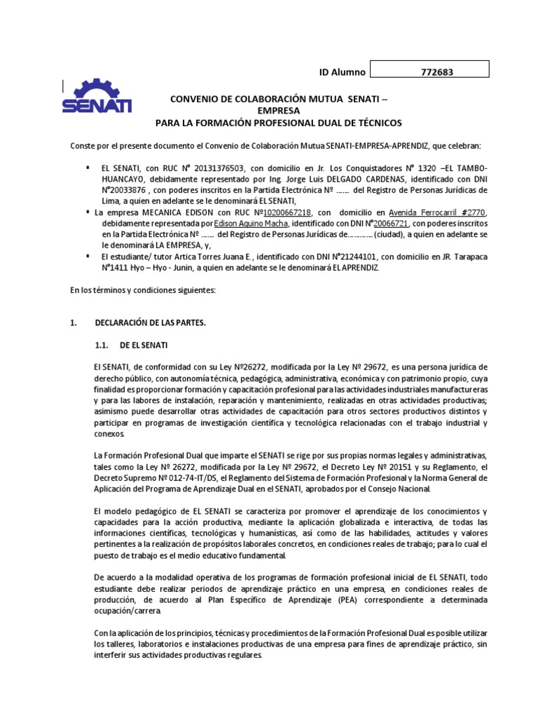 Convenio de Colaboracion Mutua Senati - Empresa - Vigente 2017 | PDF | Arbitraje | Aprendizaje