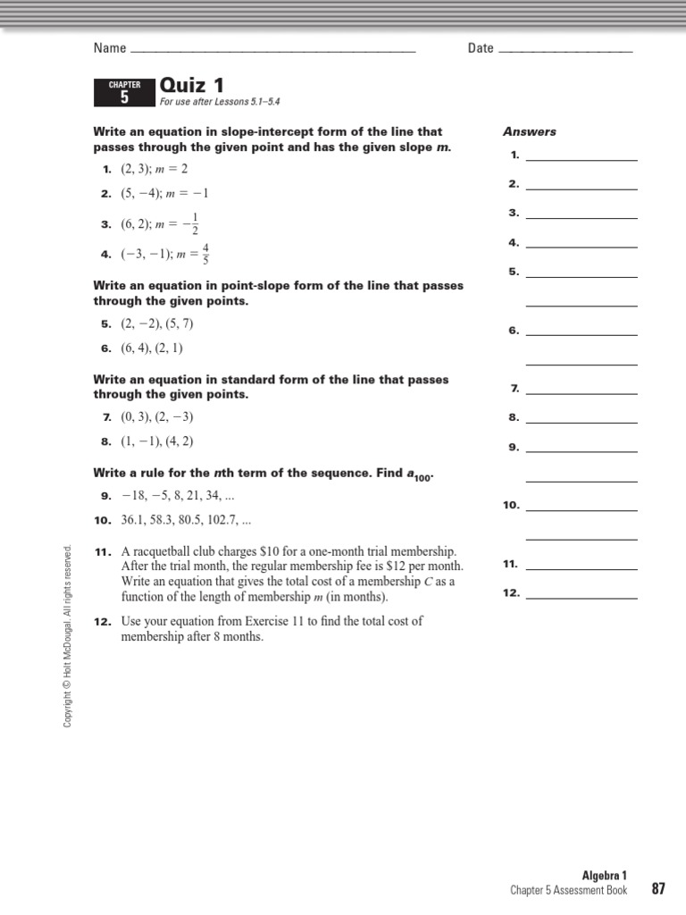 Holt Algebra 1 - Chapter 05 - Quiz 1 | PDF | Mathematical Concepts ...