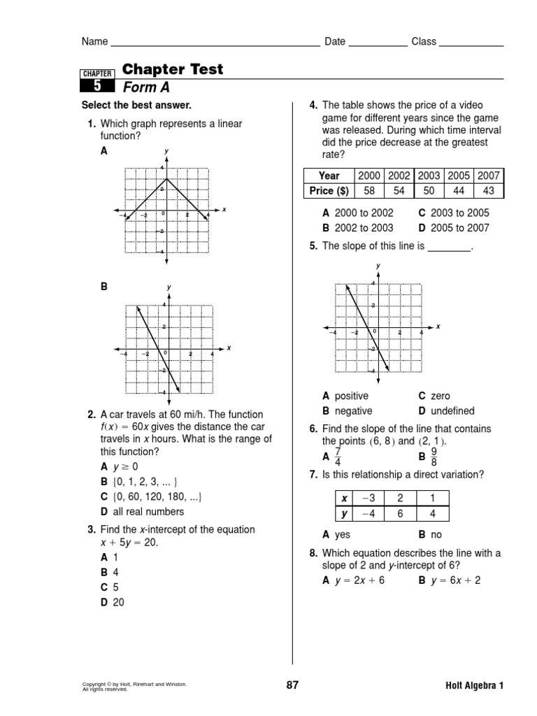 Holt Algebra 1 - Chapter 5 Test | PDF | Cartesian Coordinate System ...