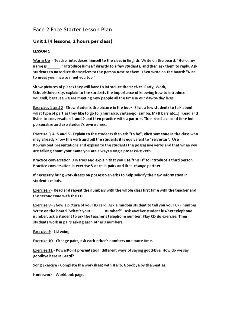 Face 2 Face Starter Lesson Plan | PDF | Lesson Plan | Vocabulary