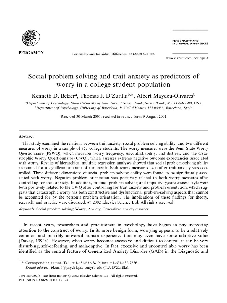 Social Problem Solving and Trait Anxiety As Predictors of Worry in A ...