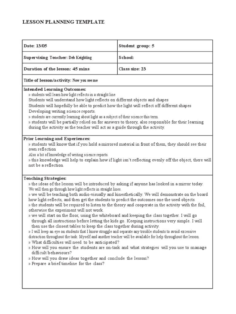 Lesson Plan: Light Reflection Activity | PDF | Educational Assessment ...