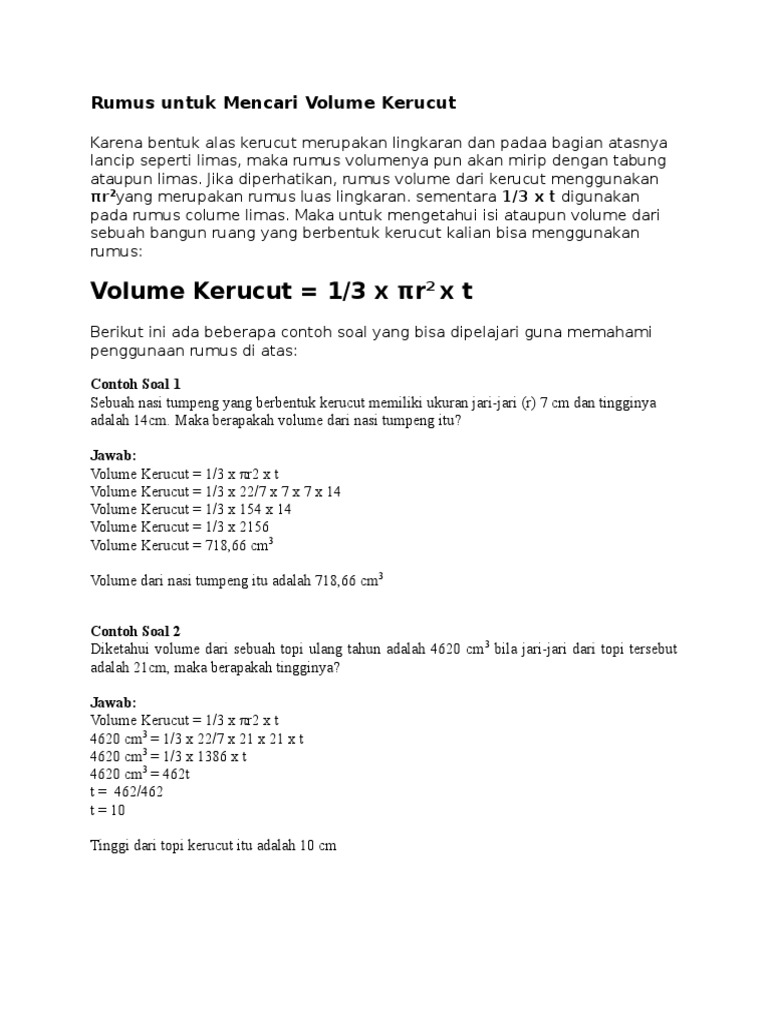 Rumus Untuk Mencari Volume Kerucut | PDF