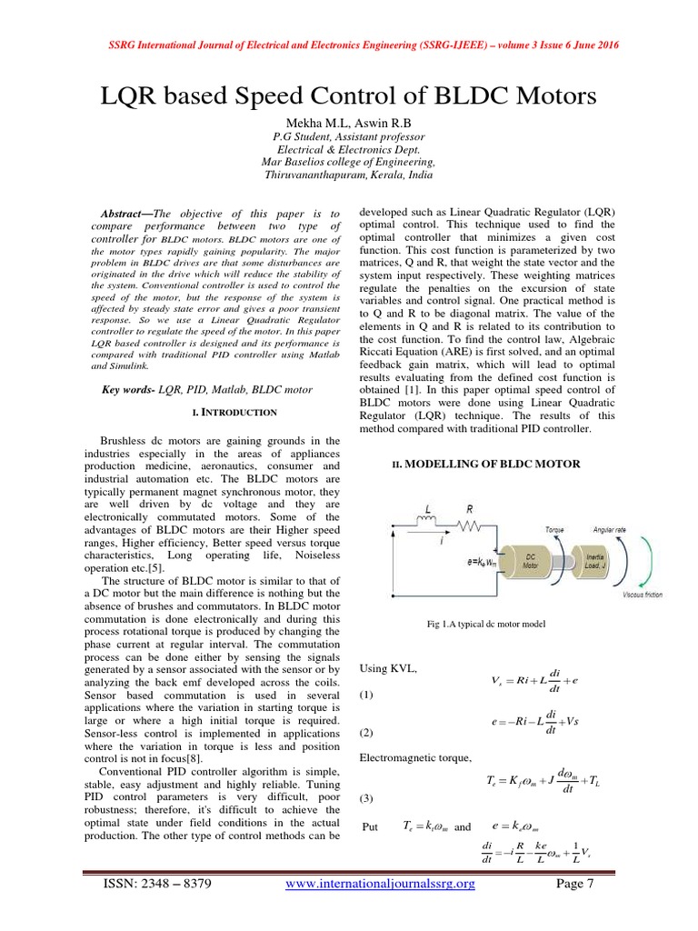 LQR Based Speed Control of BLDC Motors: Mekha M.L, Aswin R.B | PDF ...
