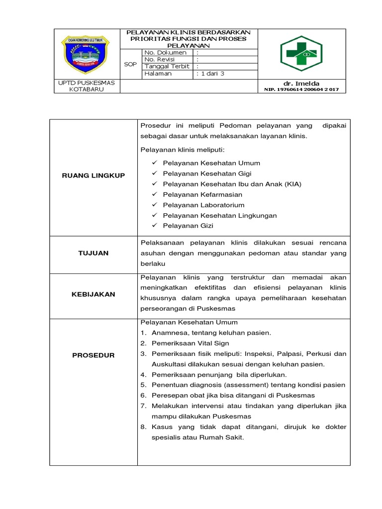 3.1 Sop Pelayanan Klinis Berdasarkan Prioritas Fungsi Dan Proses ...