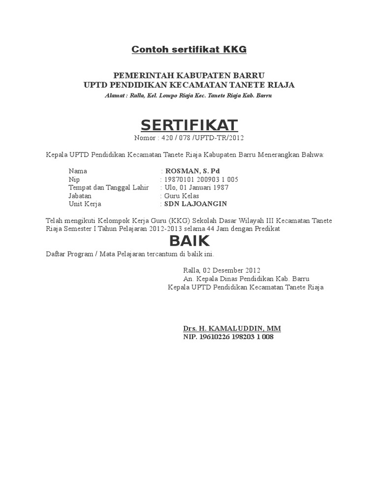 Contoh Sertifikat KKG | PDF