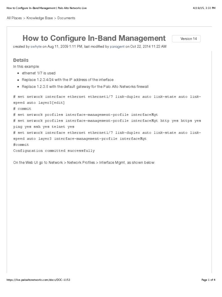 How To Configure In-Band Management Palo Alto Networks Live | PDF | Ip ...