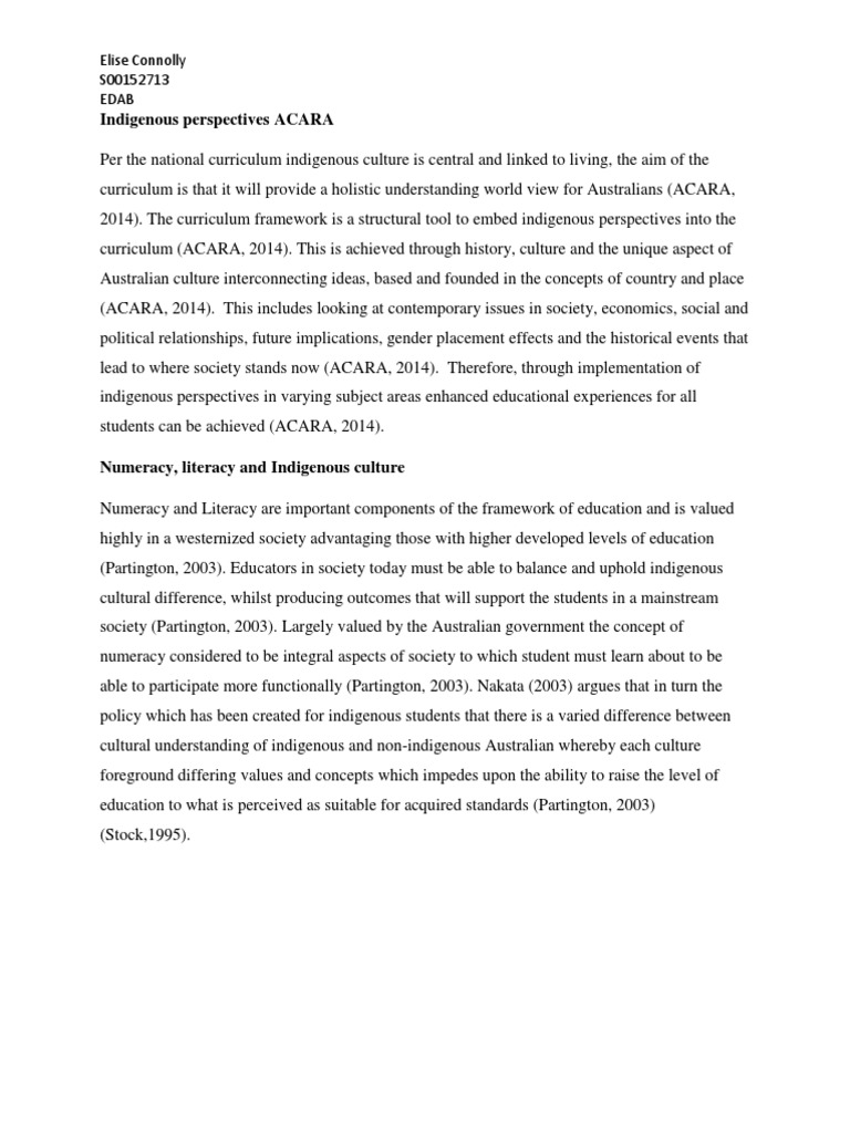 Indigenous Perspectives ACARA: Elise Connolly S00152713 Edab | PDF ...