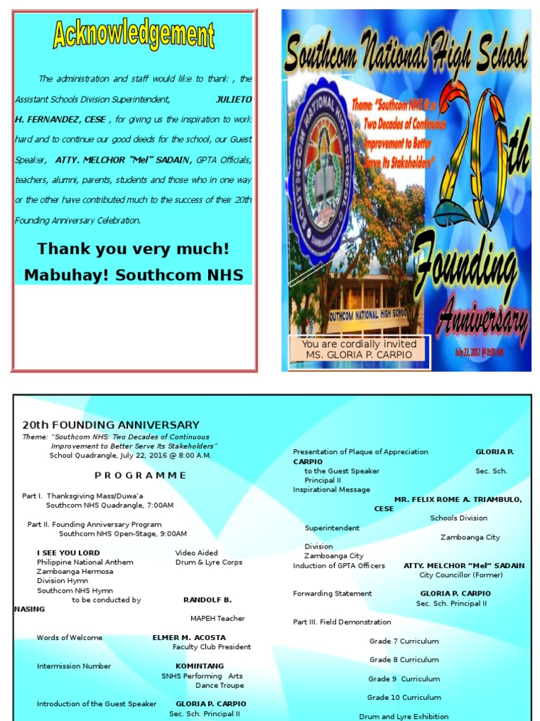 20th Founding Anniversary Program | PDF | Curriculum | Further Education