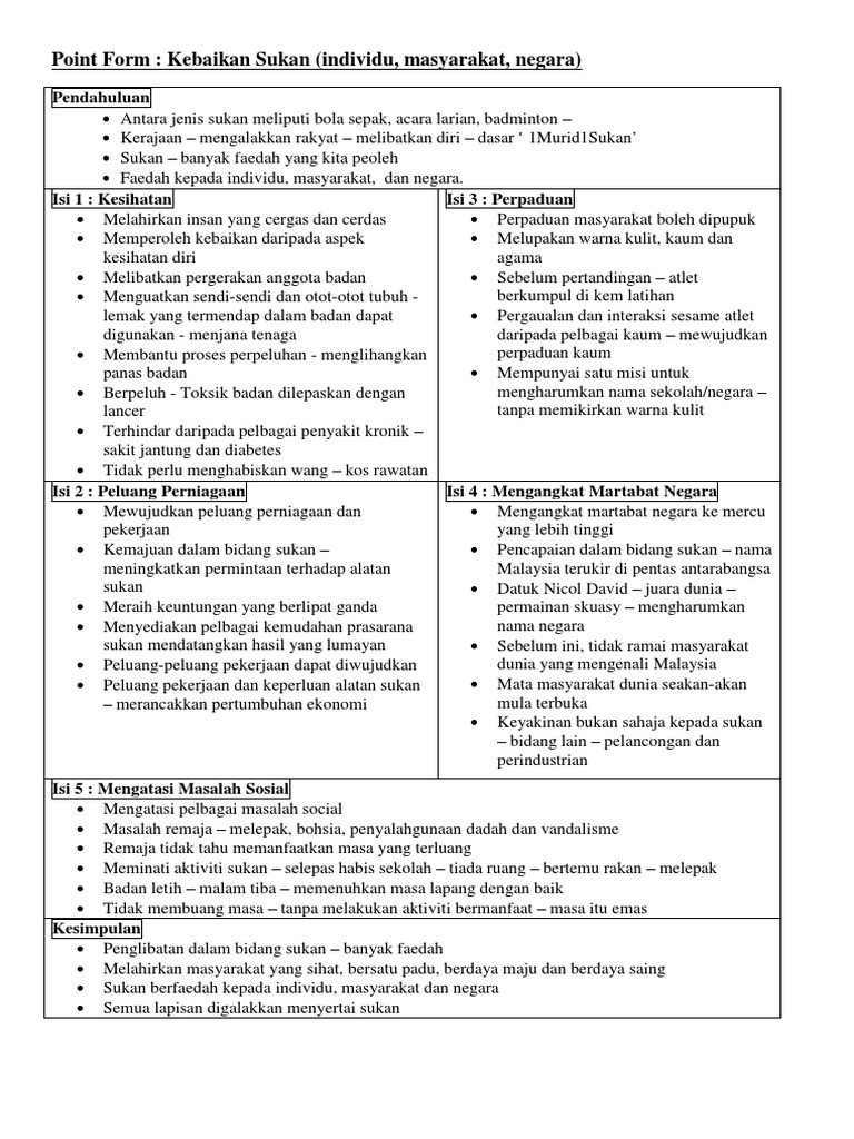 Point Form Kebaikan Sukan Kepada Individu, Masyarakat Dan Negara | PDF