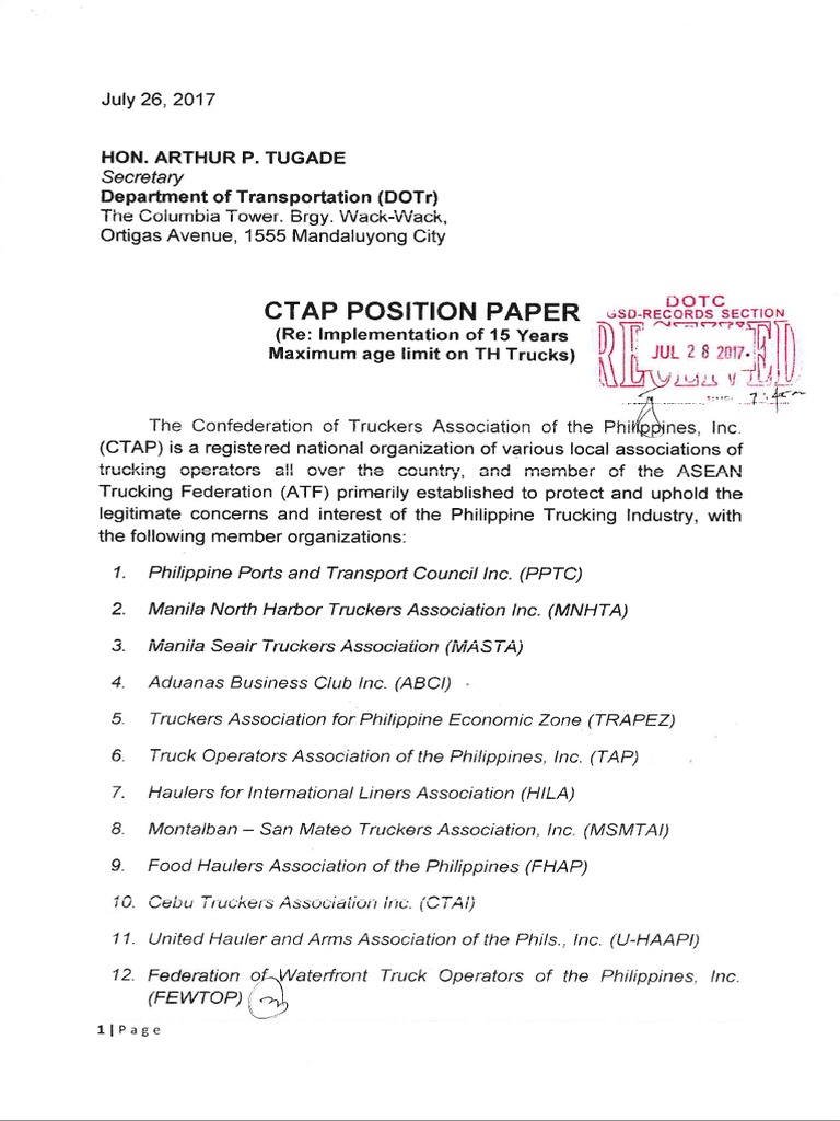 CTAP Position Paper | Truck Driver | Transport