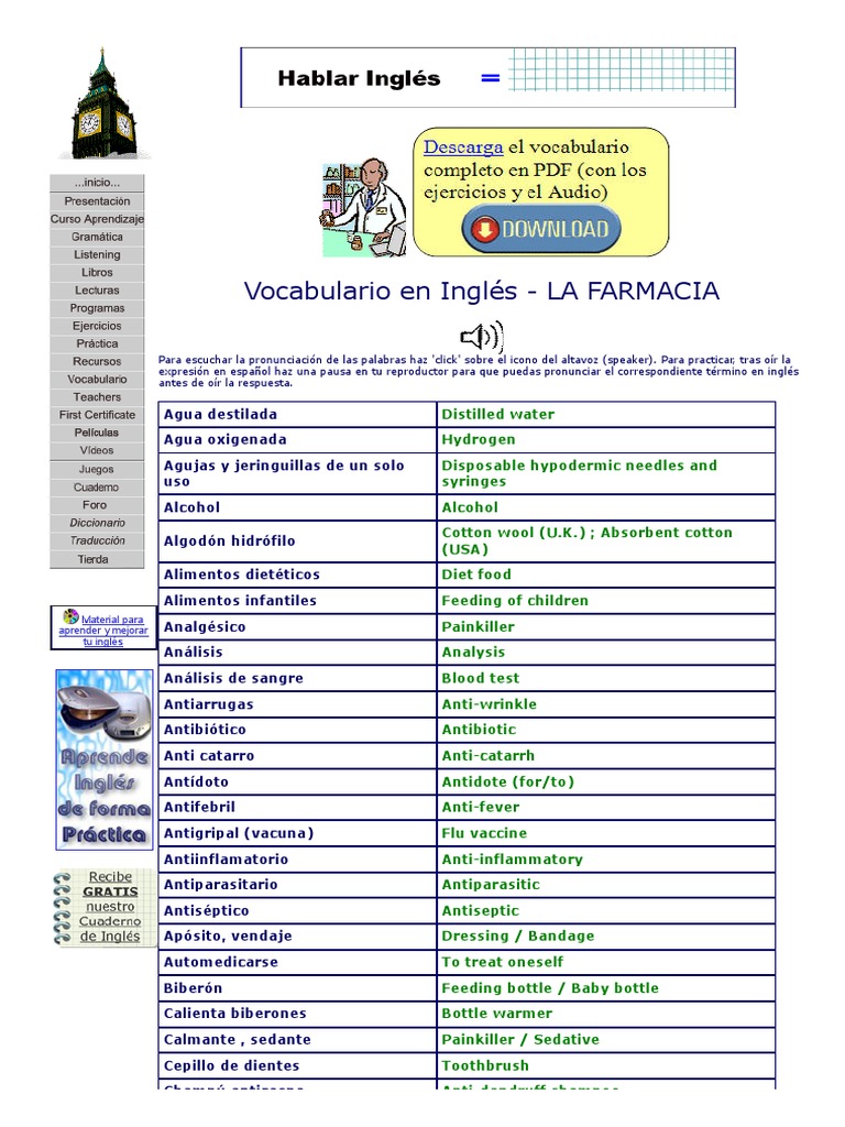 Vocabulario Inglés-Español La Farmacia | PDF | Medicina | Medicina CLINICA