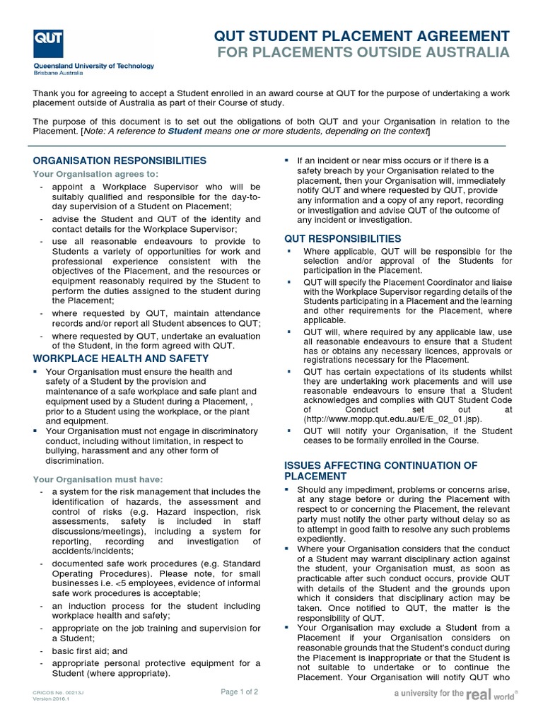 QUT Student Placement Agreement Abroad | PDF | Professional Liability Insurance | Indemnity