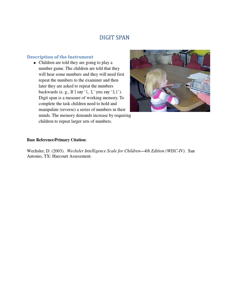 Digit Span Task for WISC-IV Assessment | PDF | Wechsler Adult ...