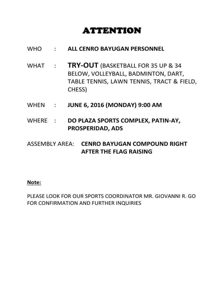 CENRO Bayugan Sports Try-Outs Schedule | PDF | Games & Activities
