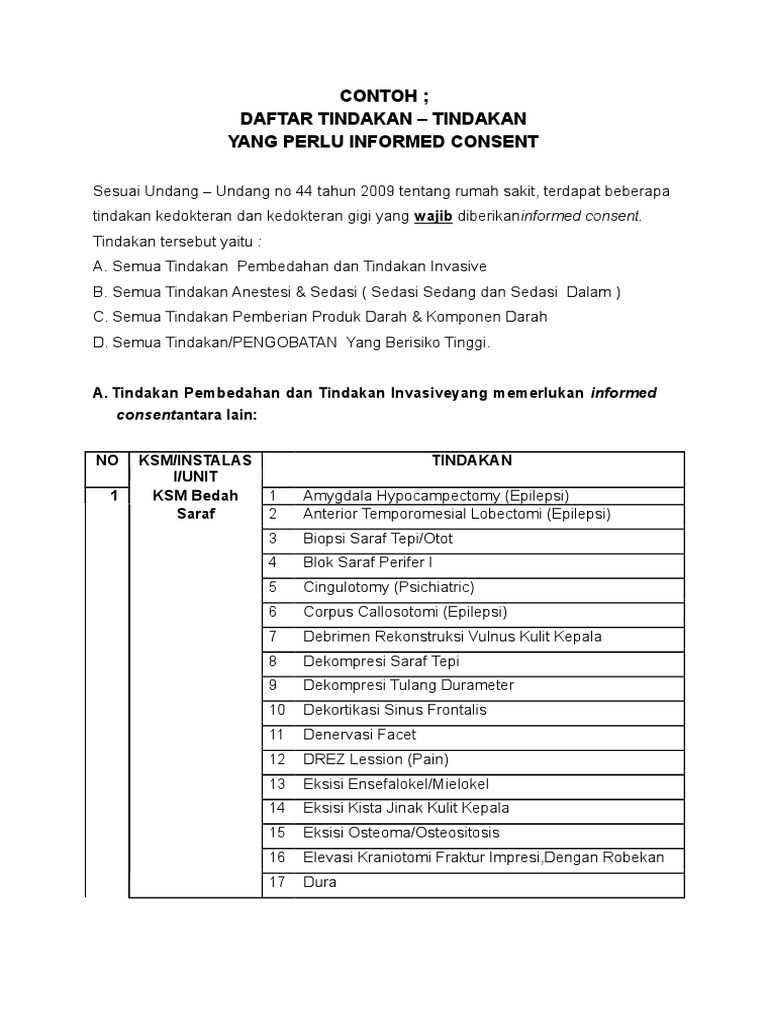 Contoh DAFTAR. TINDAKAN YG PERLU INFORMED CONSENT | PDF | Katup Jantung | Kolom Vertebral