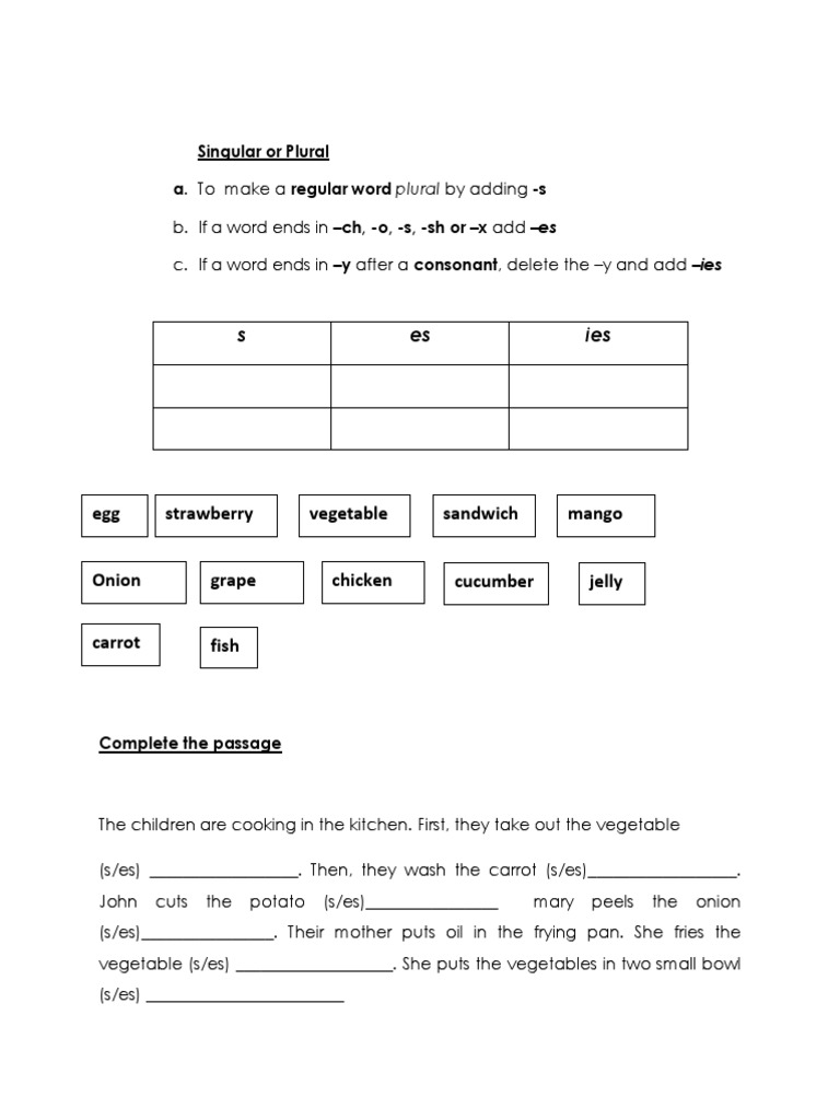 S Es Ies: Singular or Plural A. To Make A Regular Word Plural by Adding ...