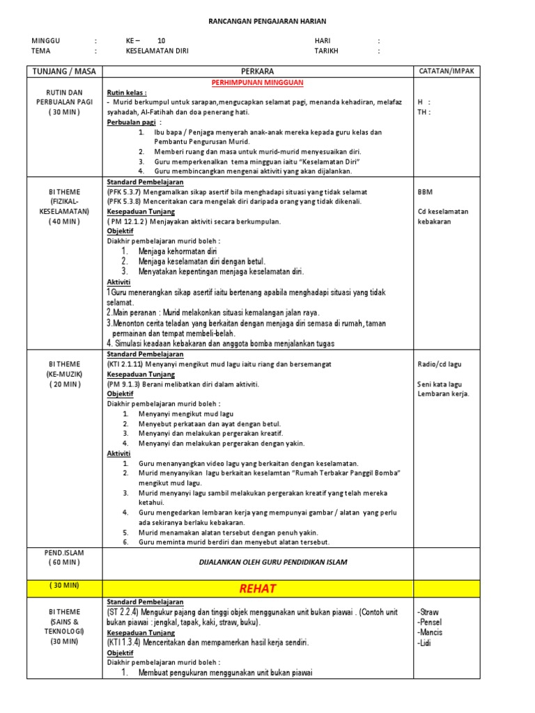 RPH Minggu 10 - Keselamatan Diri | PDF