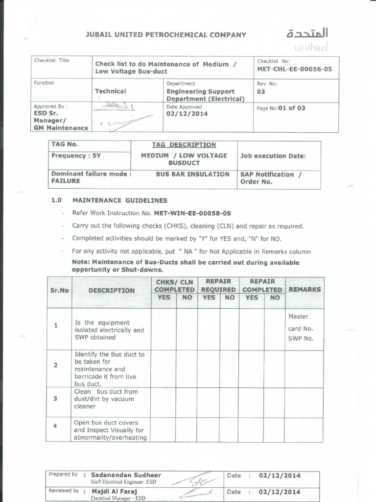 BusDuct PM Check List | PDF