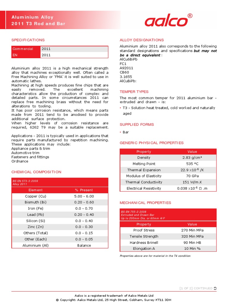 Aalco Metals LTD Aluminium Alloy 2011 T3 Rod and Bar 3 | PDF | Alloy ...