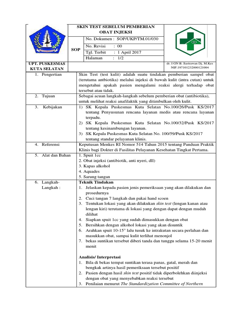 Sop Skin Test Sebelum Pemberian Obat Injeksi | PDF