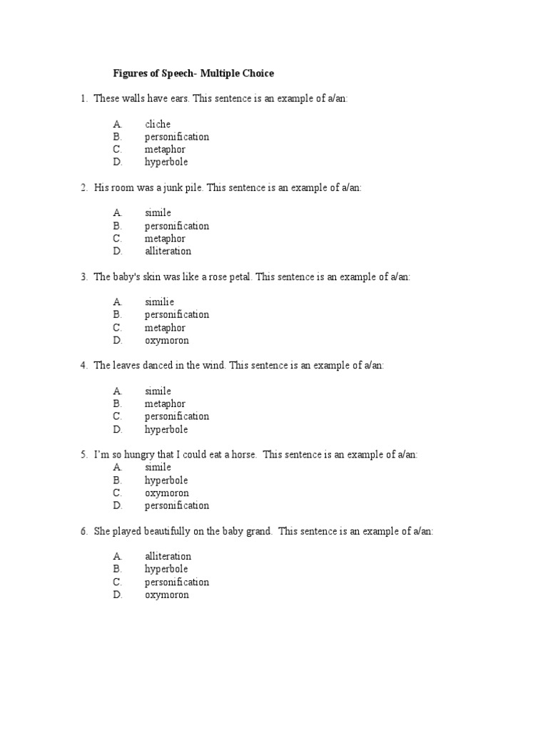 Figures of Speech - Multiple Choice | PDF | Literary Techniques ...