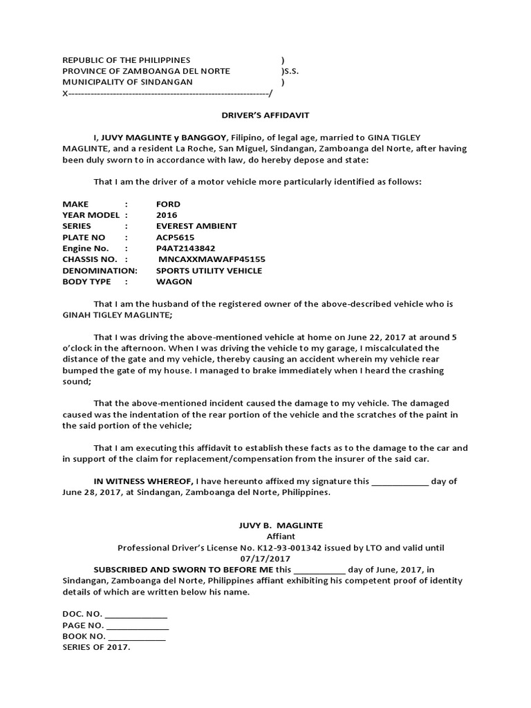 Affidavit of Driver | Vehicles | Affidavit